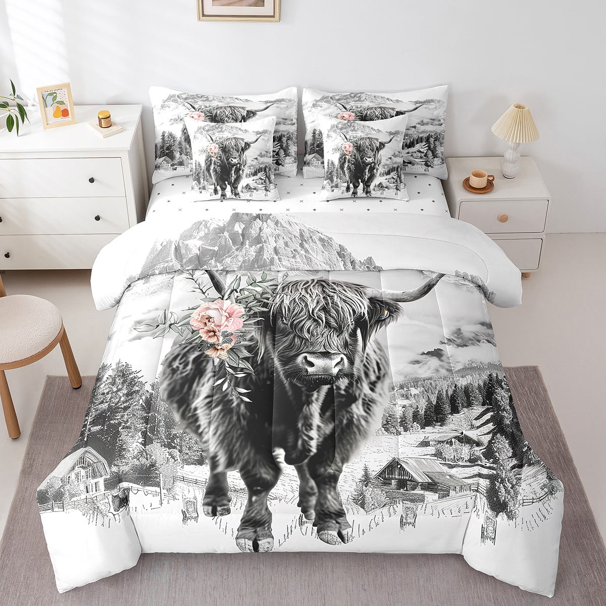 7 Pieces Queen Highland Cow Bedding Sets Cowhide Comforter Set, Cute ...
