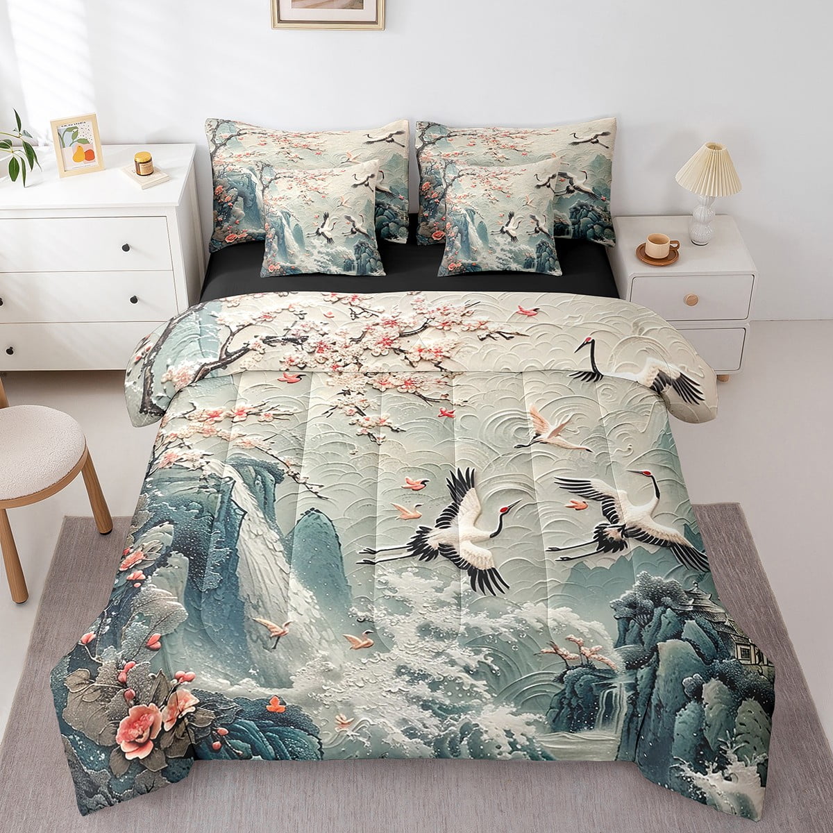 7 Pieces Queen Japanese Crane Bedding Sets , Landscape Painting Comforter Set, Cherry Blossoms ...