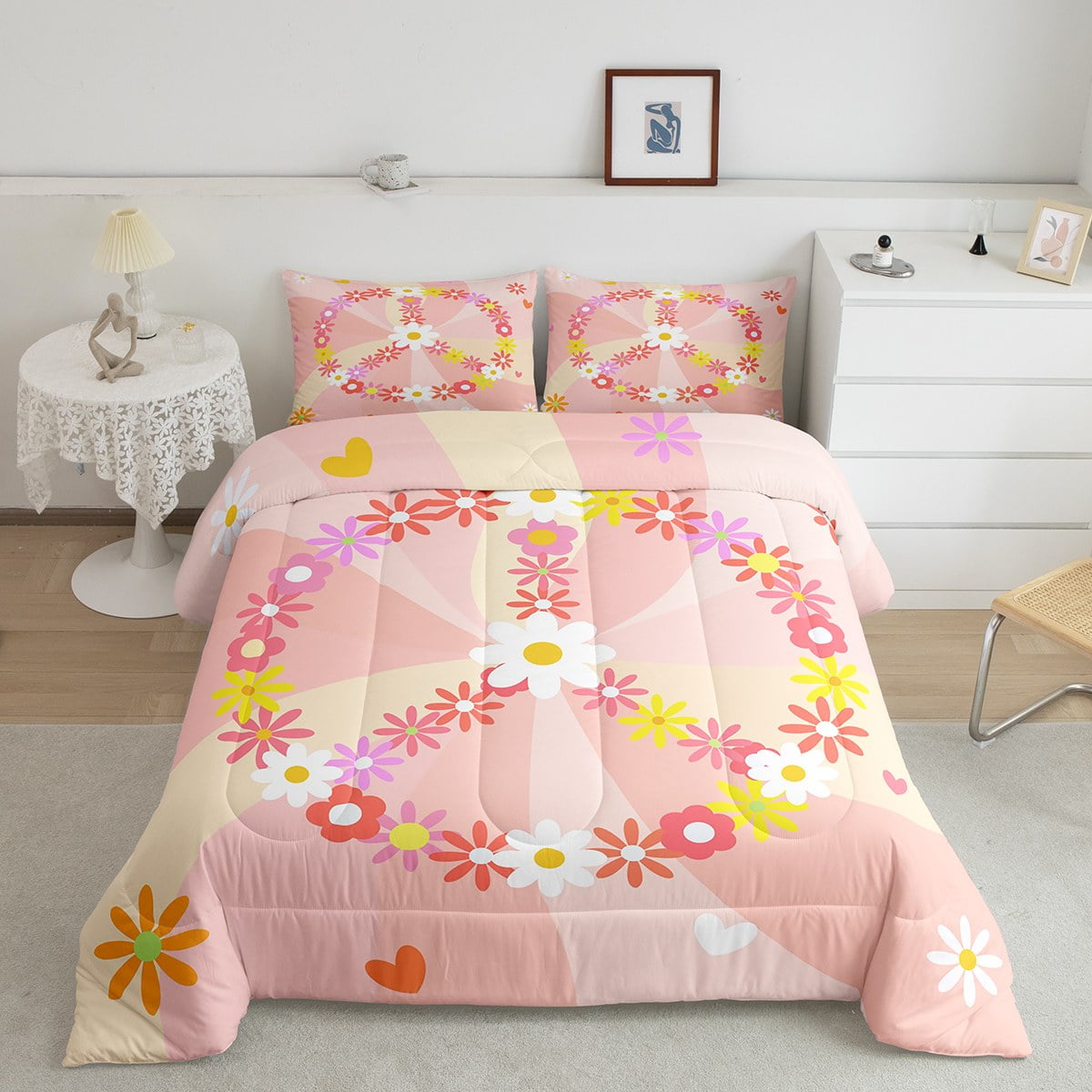 70S Groovy Flower Comforter Set King Size, 80S 90S Retro Floral Bedding ...