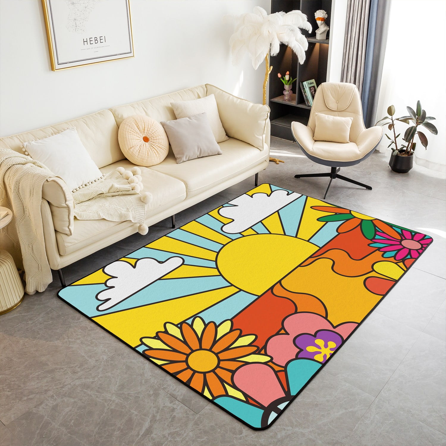 Erosebridal 70s Groovy Flower Carpet 5x7 for Bedside,Sun Moon Peace ...