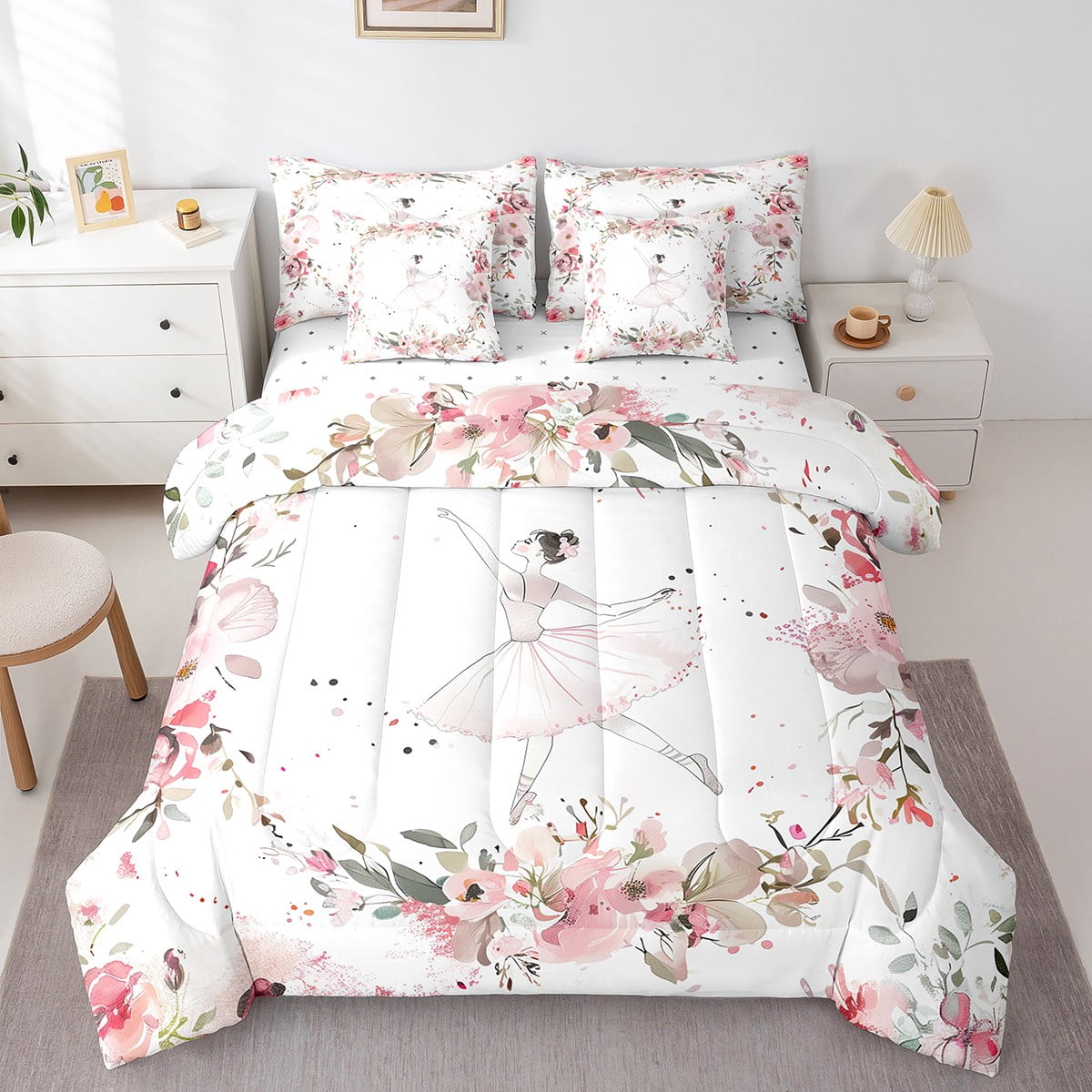 7Pcs Ballet Bedding Set Full Size, Pink Flower Comforter Set Teens ...