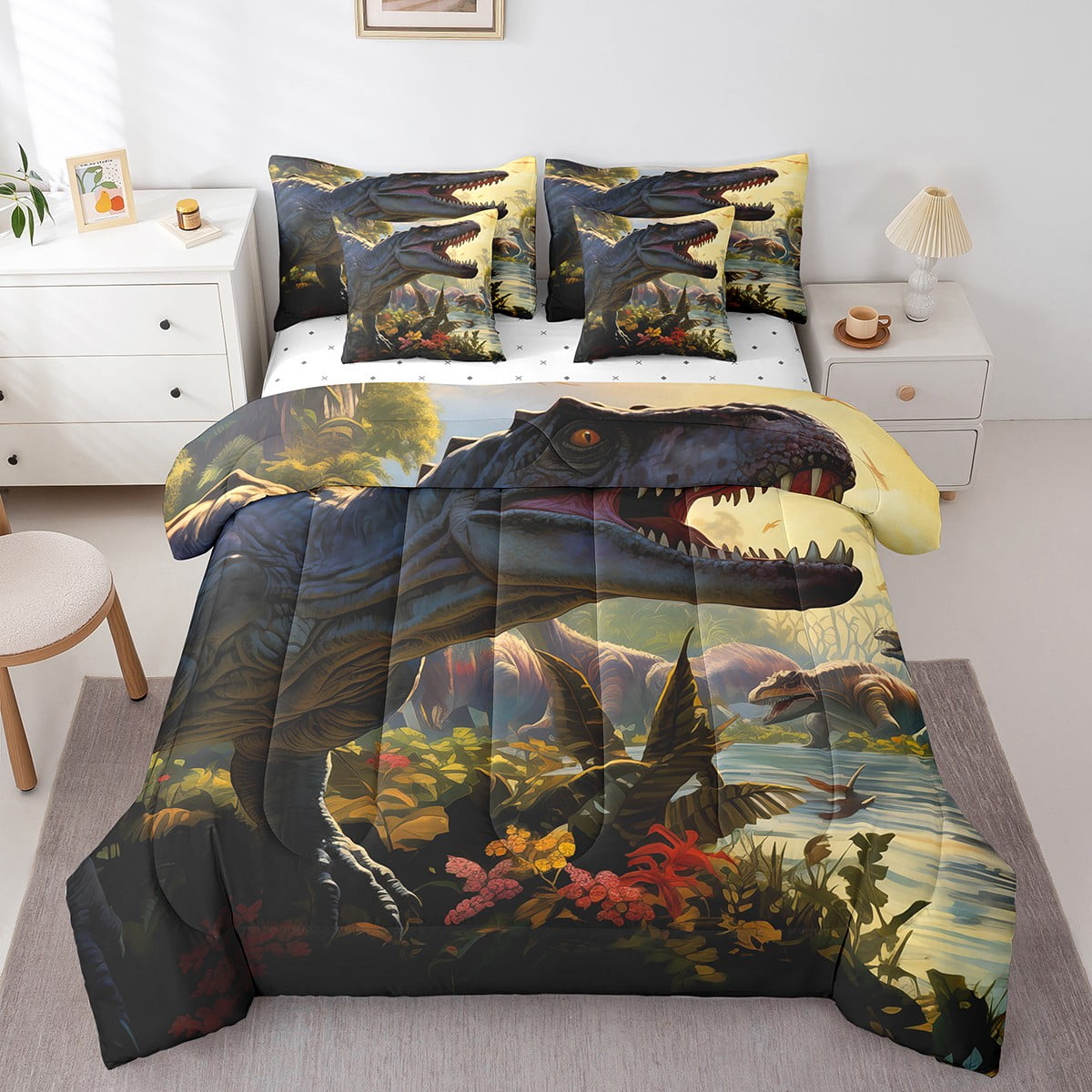YST 7Pcs Bedding Sets Dinosaur Comforter Sets Bed in a Bag 3D Wild ...