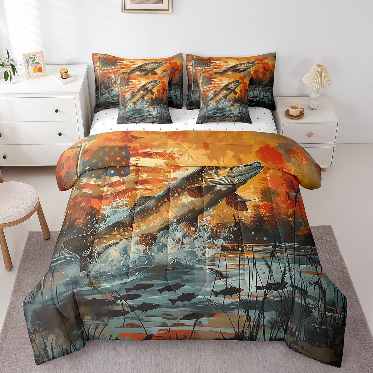 YST 7Pcs Big Pike Fish Bedding Retro American Flag Comforter Bed In A ...