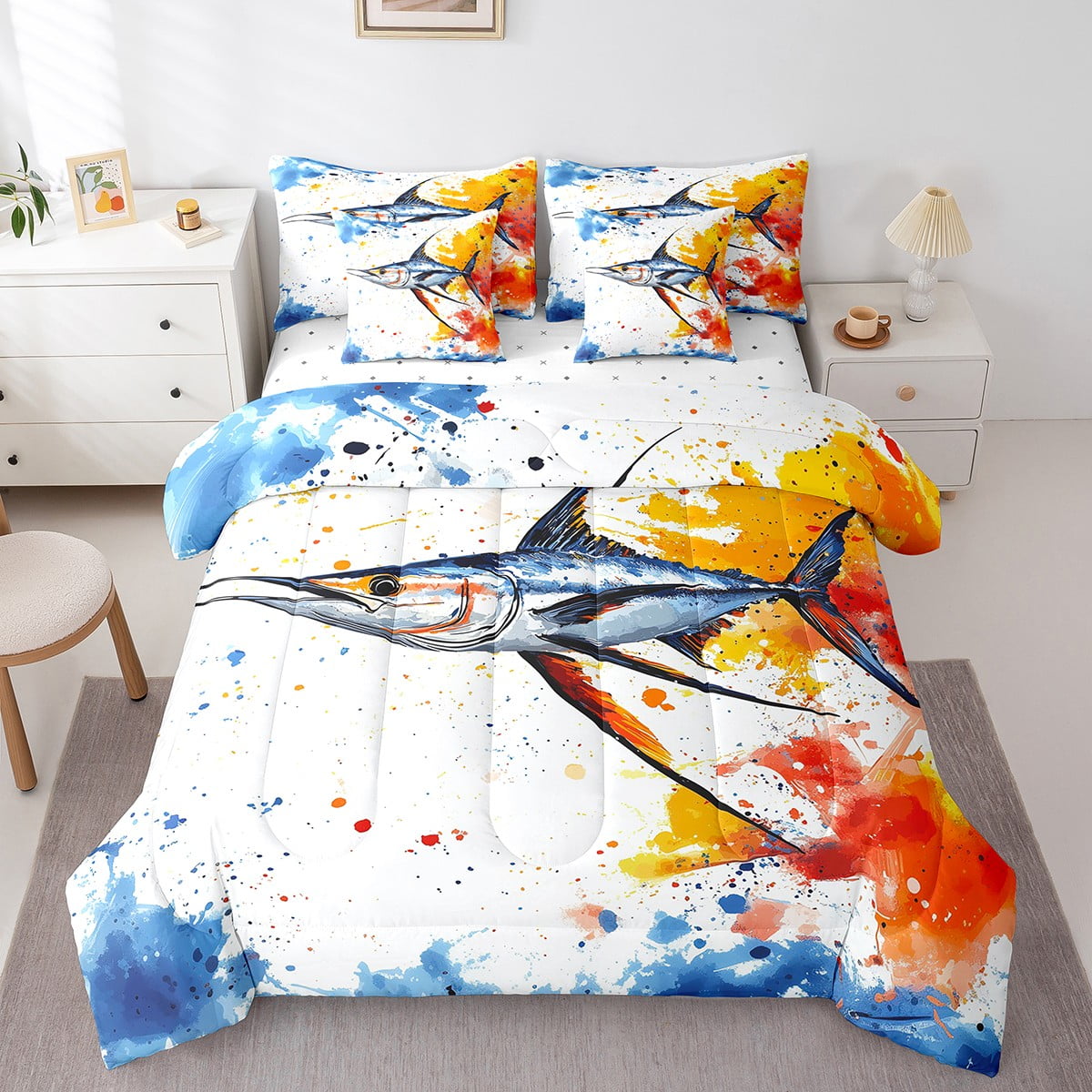 YST 7Pcs Big Pike Fishing Comforter Set King Hunting Theme Bed Set Bass ...