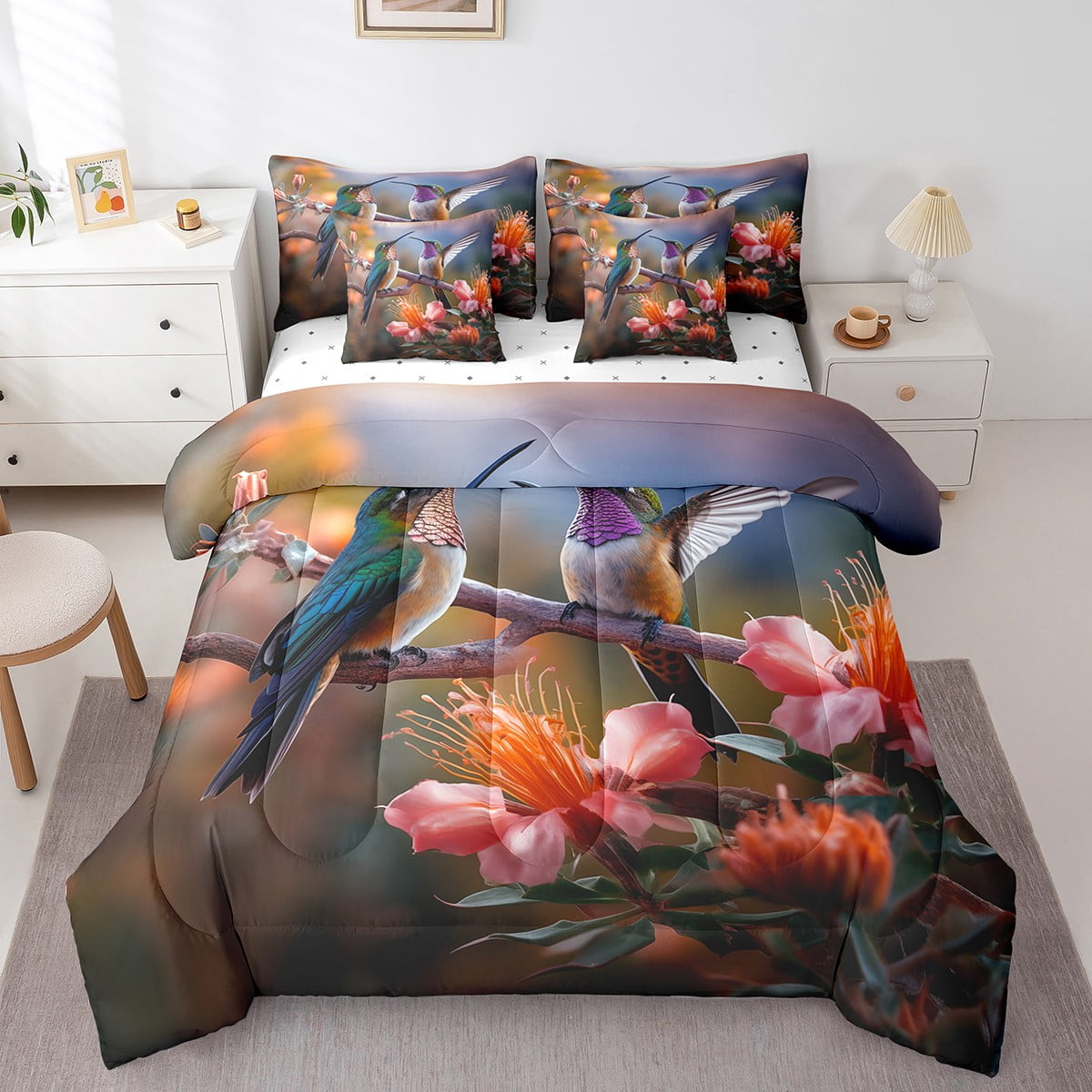 7Pcs Bird Comforter Sets Twin Size, 3D Sparrow Flying Animal Comforter ...