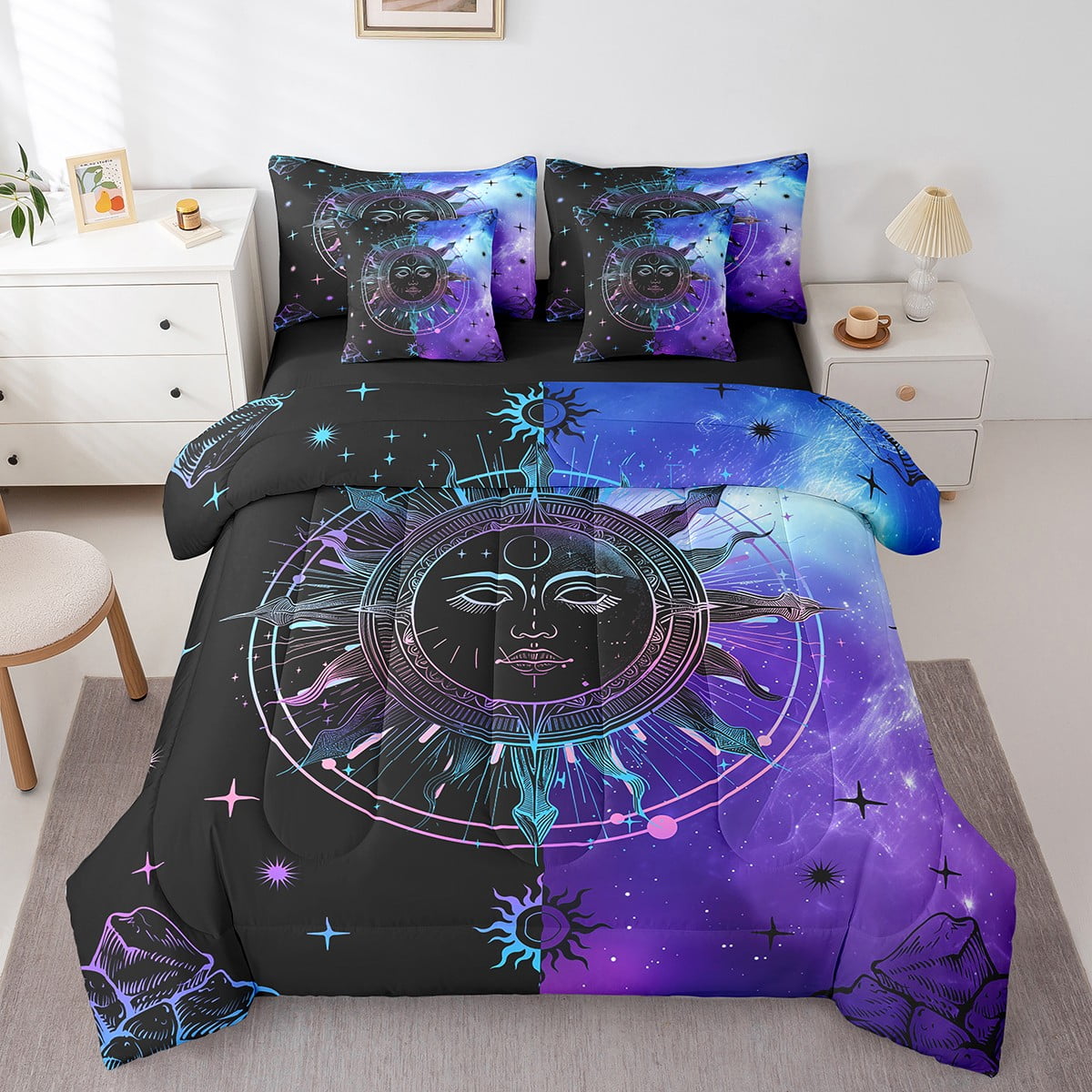 YST 7Pcs Blue Black Sun and Moon Comforter Set Queen Size Boho Galaxy ...