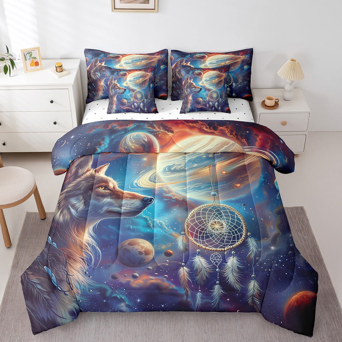 YST 7Pcs Boho Wolf Comforter Set Queen, Dreamcatcher Moon Stars ...