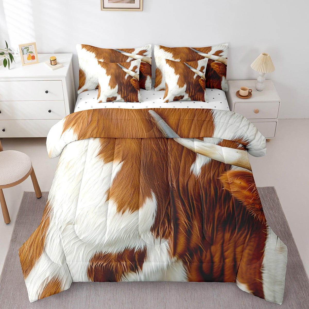 YST 7Pcs Brown Cow Gifts Comforter Sets Full Size, Highland Cow Faux ...