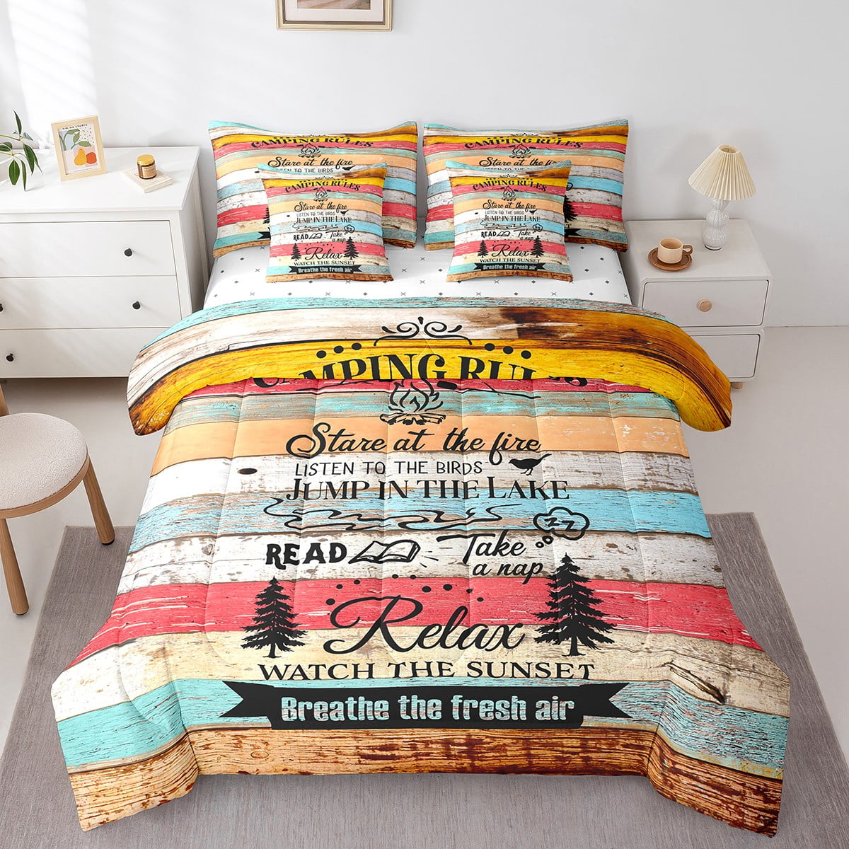 7Pcs Camping Rules Bedding Twin, Rv Camper Decor Bed in a Bag with Flat ...