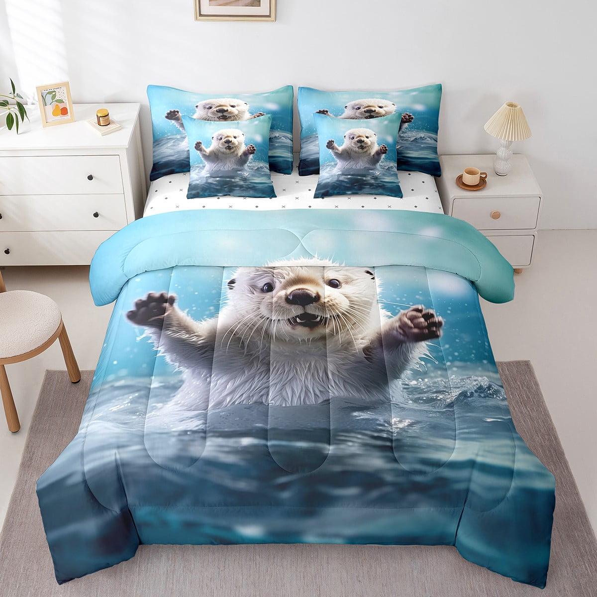 7Pcs Cartoon Otter Comforter Sets Twin Size, Sea Otter Ocean Comforter ...