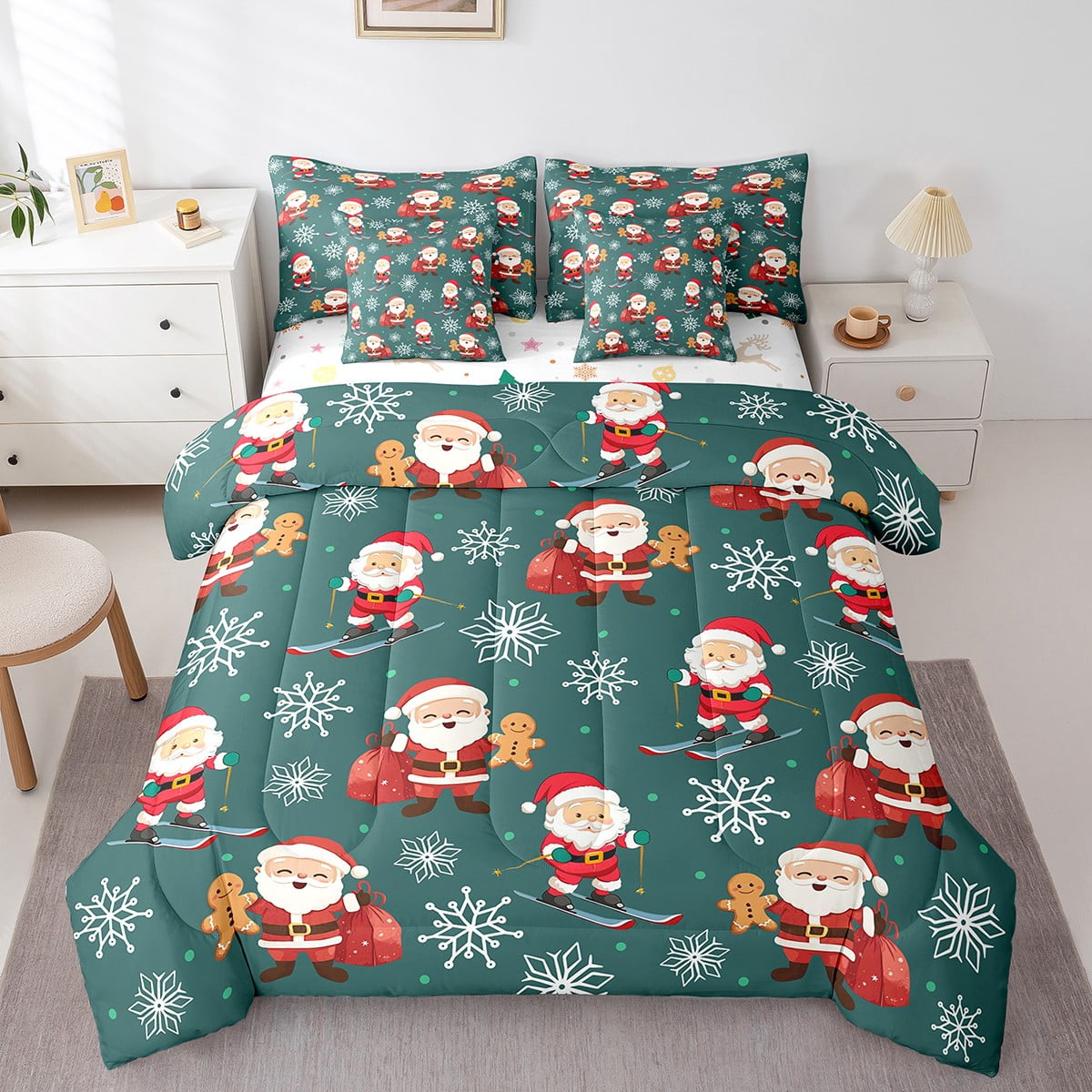 YST 7Pcs Cartoon Santa Claus Comforter Set King Size,Xmas Gingerbread ...