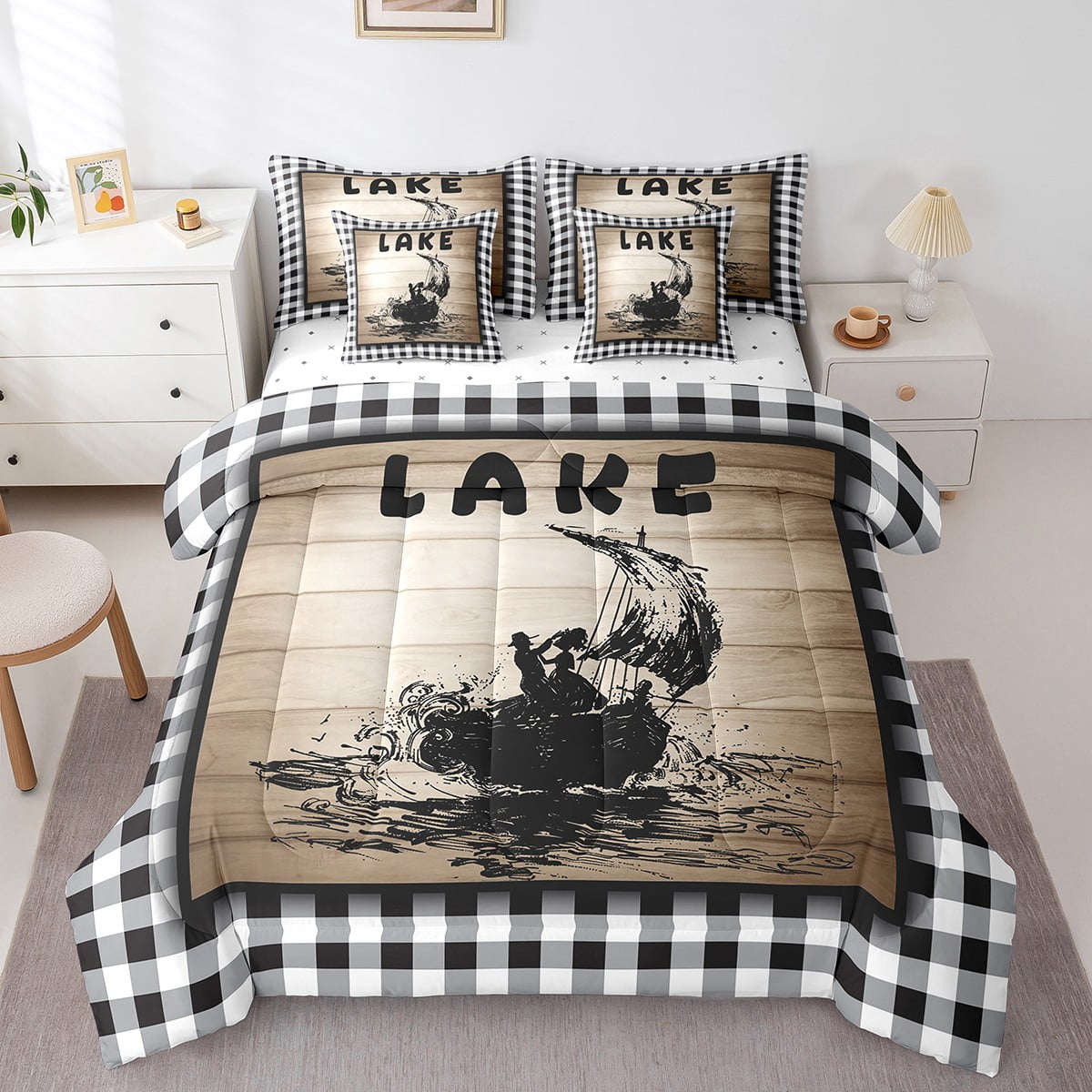 YST 7Pcs Comforter Set Queen Size, Lake Theme Bed in a Bag with Flat ...