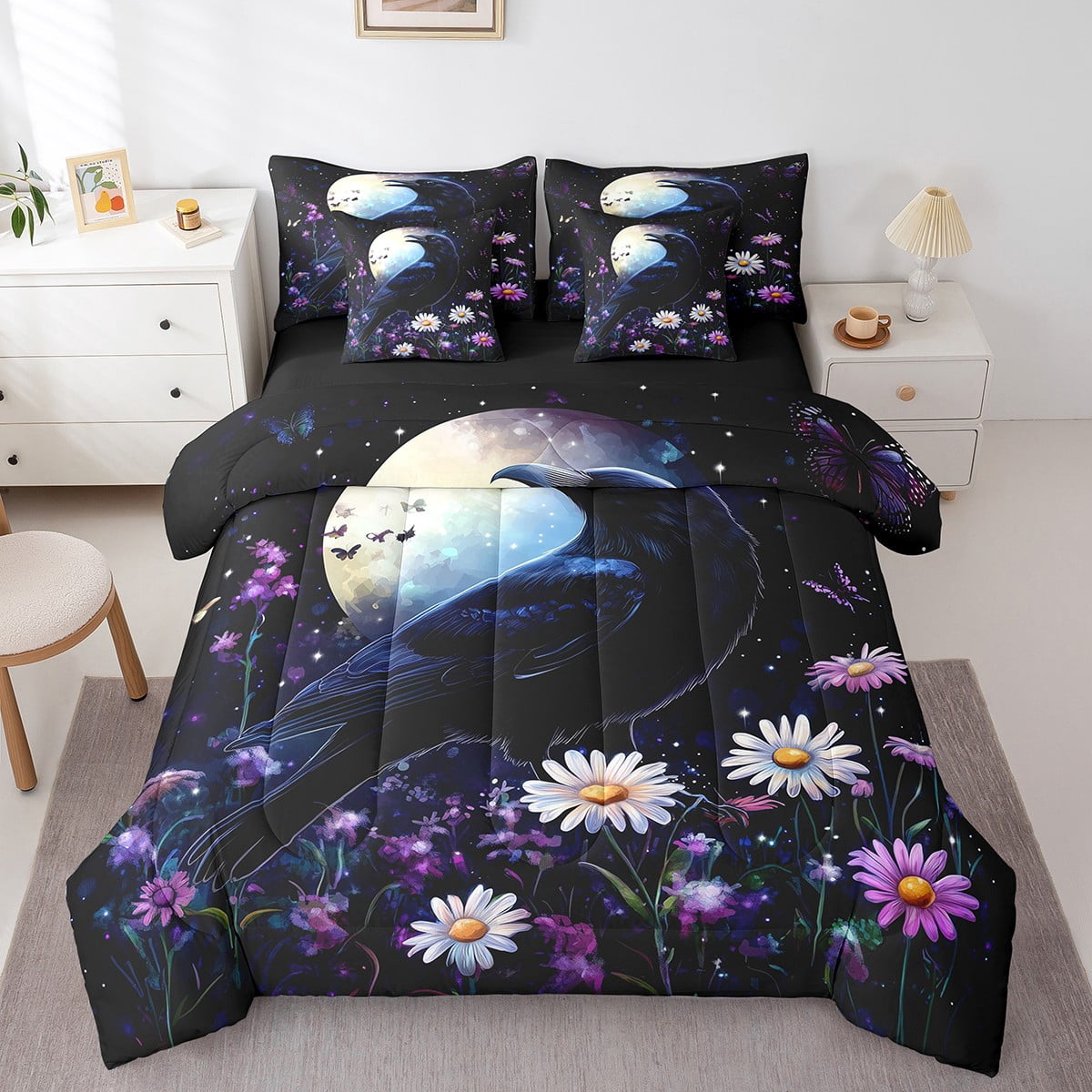 7Pcs Crow Decor Bedding Set King Size, Halloween Raven Comforter Set ...