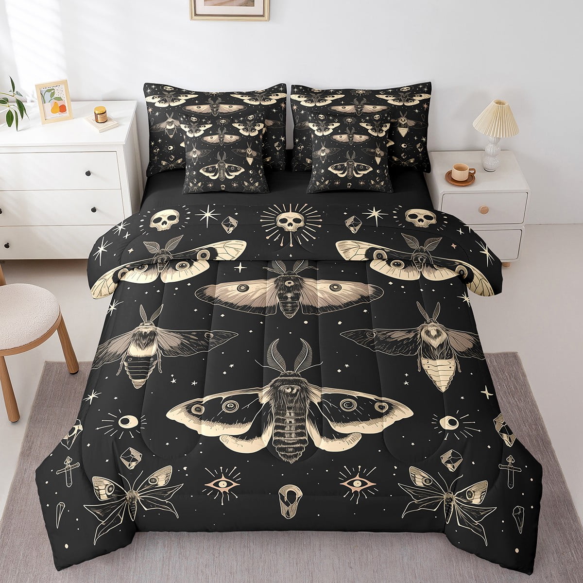 7Pcs Death Moth Bedding Set Queen Size , Halloween Skull Comforter Set ...
