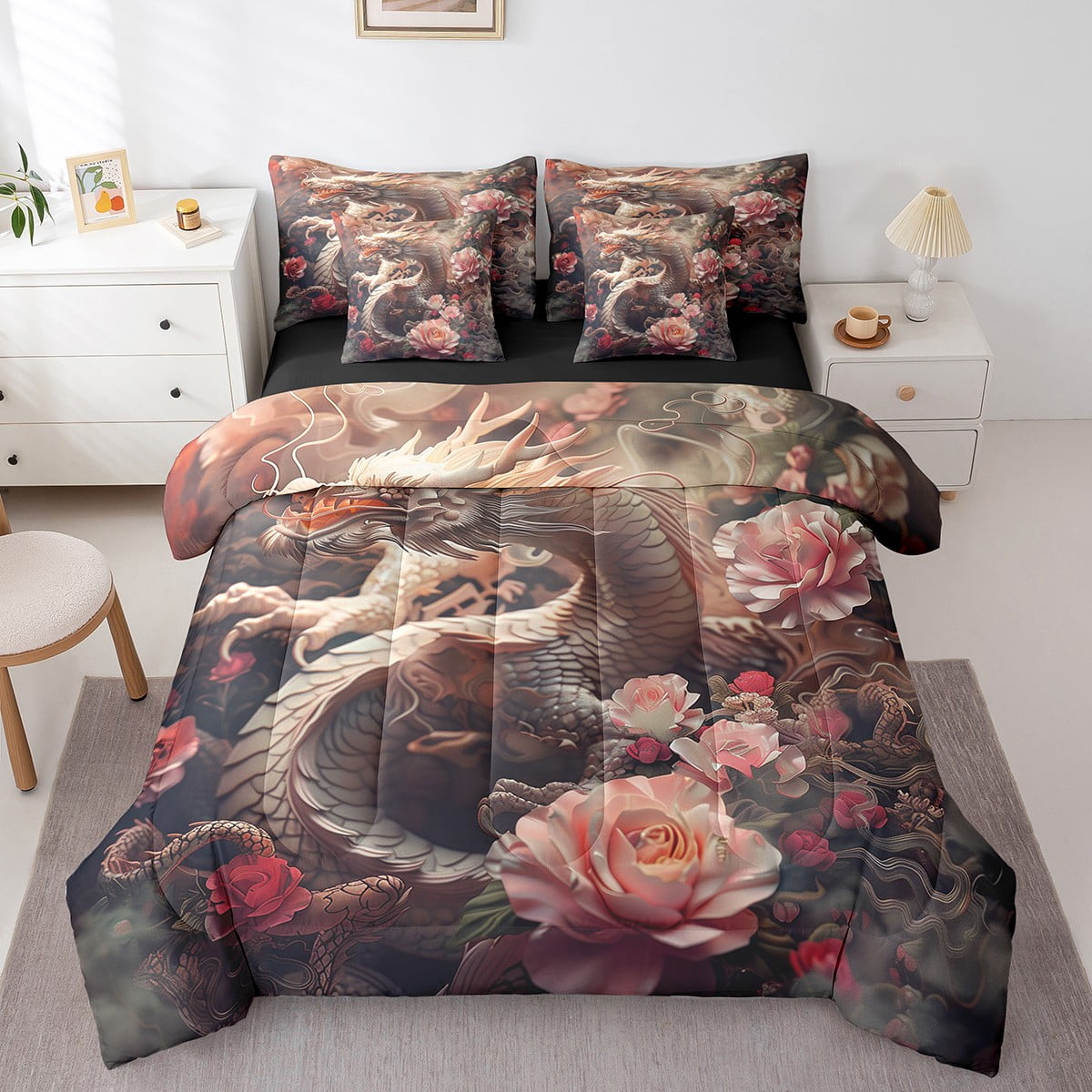 YST 7Pcs Dragon Bedding Set For Girls Queen Size, Pink Chic Floral ...