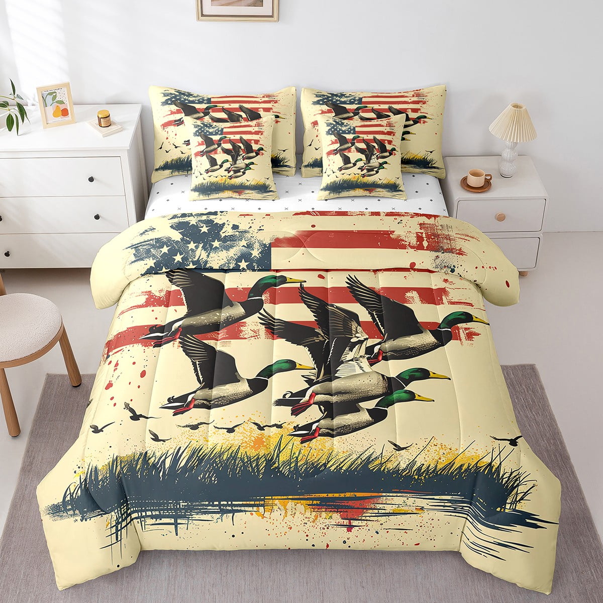 YST 7Pcs Duck Hunting Bed Comforter Set Retro American Flag Queen ...
