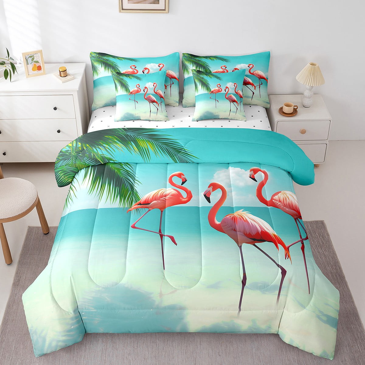 7Pcs Flamingo Comforter Sets King Size, Pink Animal Hawaiian Beach ...