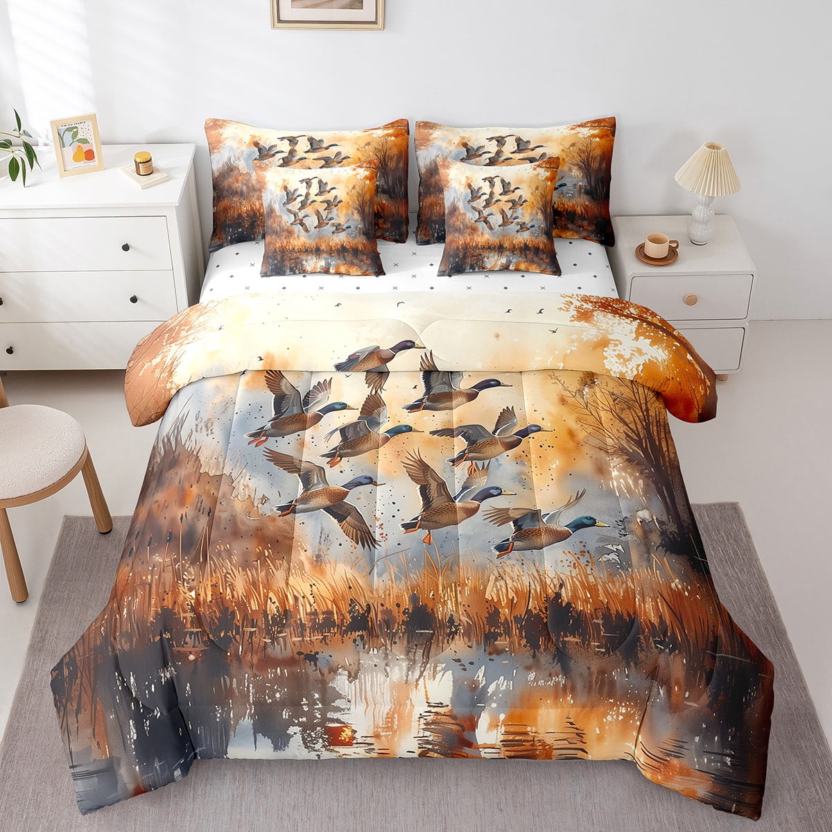 YST 7Pcs Flying Duck Comforter Set Queen, Hunting Duck Bedding Bed In A ...