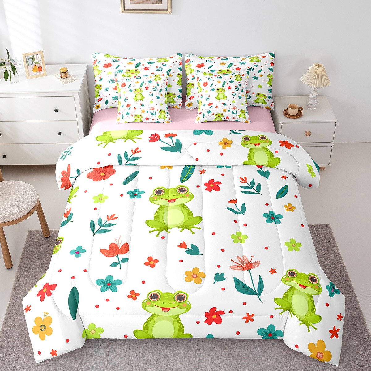 7Pcs Frog Bedding Twin Size Wild Animal Bedding Set Bed In A Bag, Cute ...