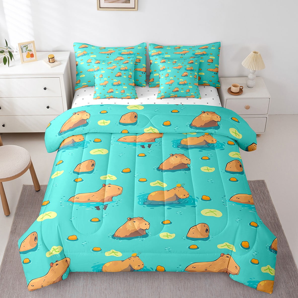 7Pcs Funny Capybara Comforter Sets Twin Size, Lake Life Funny Capybara ...