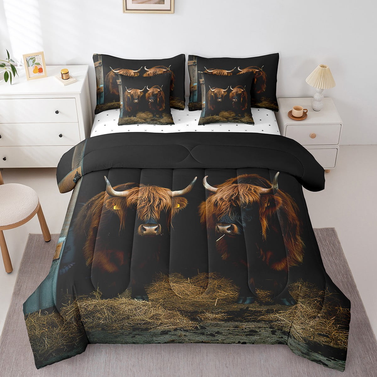 YST 7Pcs Funny Cow Comforter Sets Queen Size, Highland Cow Gifts Boys ...