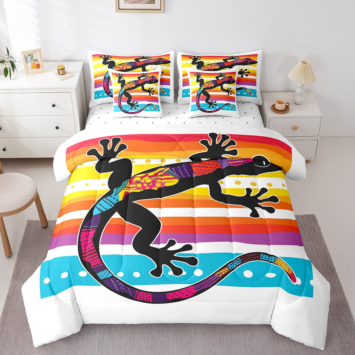 YST 7Pcs Gecko Comforter Sets Queen Size, Rainbow Lizard Reptile ...