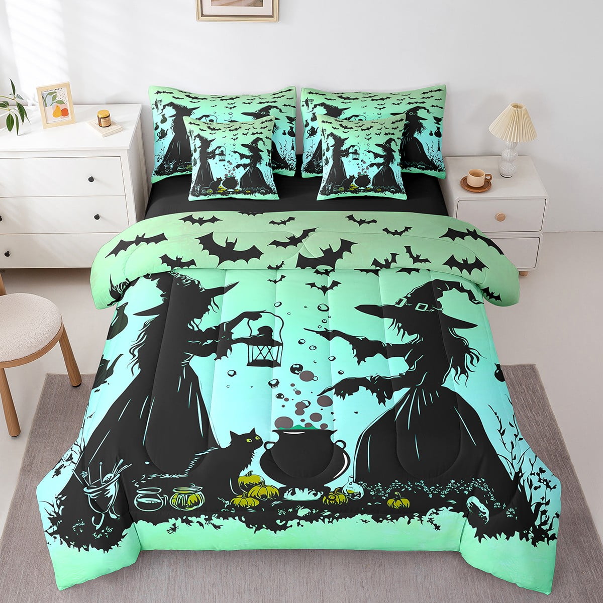 7Pcs Halloween Bed In A Bag Full Witch Horror Bed Set Black Pumpkin Cat ...