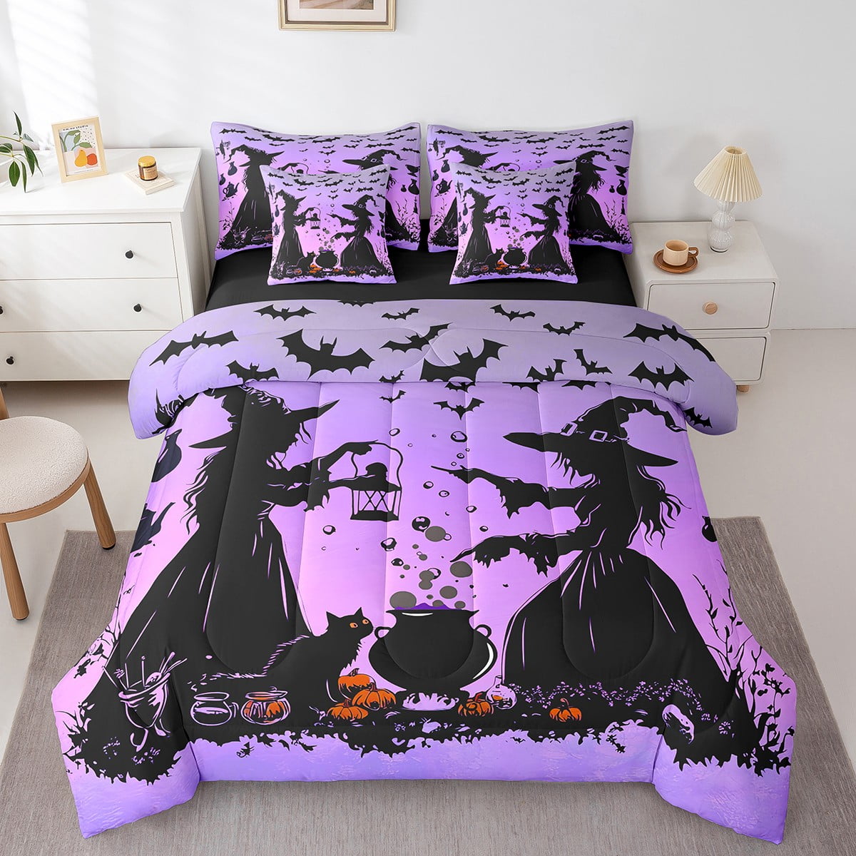 Erosebridal 7Pcs Halloween Bed In A Bag King Cute Little Witch Bed Set ...