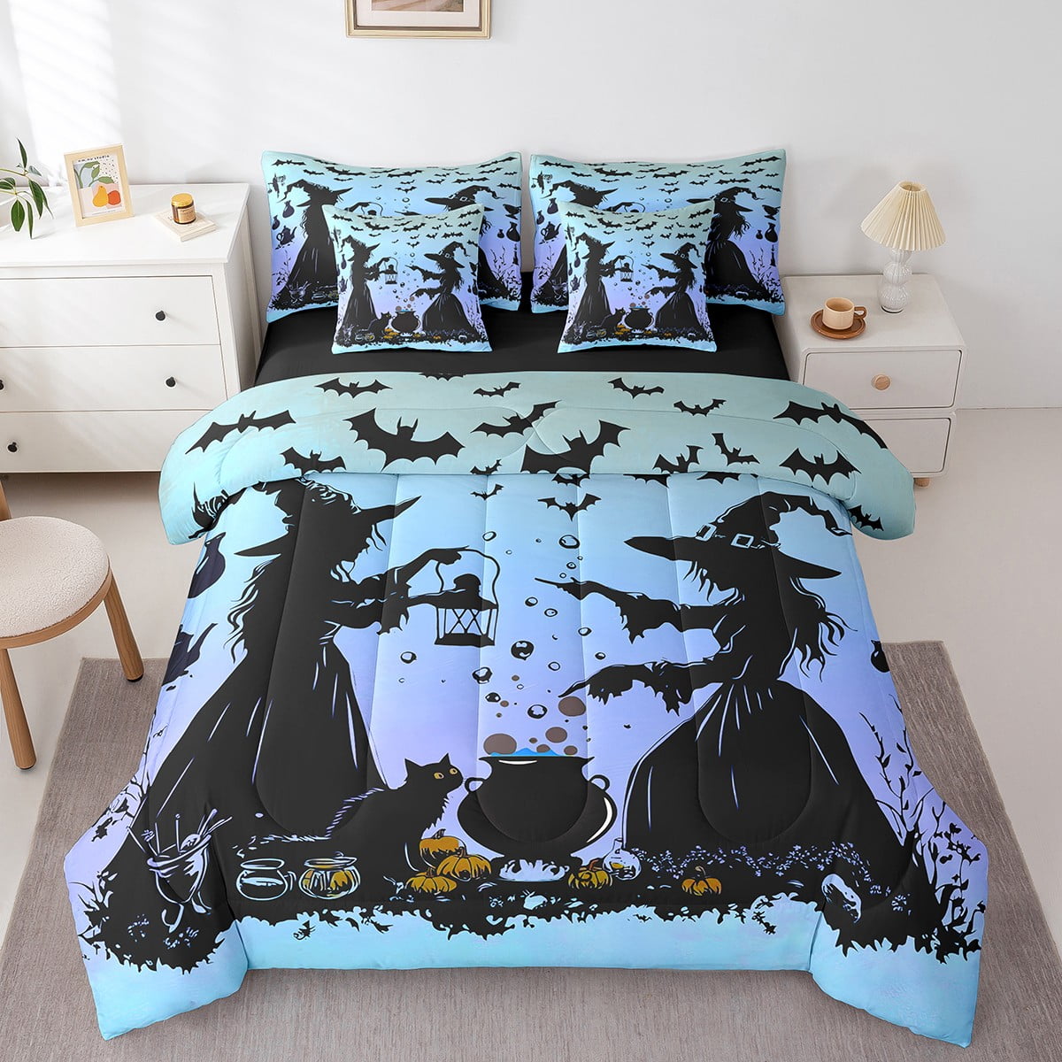 7Pcs Halloween Bed In A Bag Queen Cute Witch Bed Set Halloween Pumpkin ...