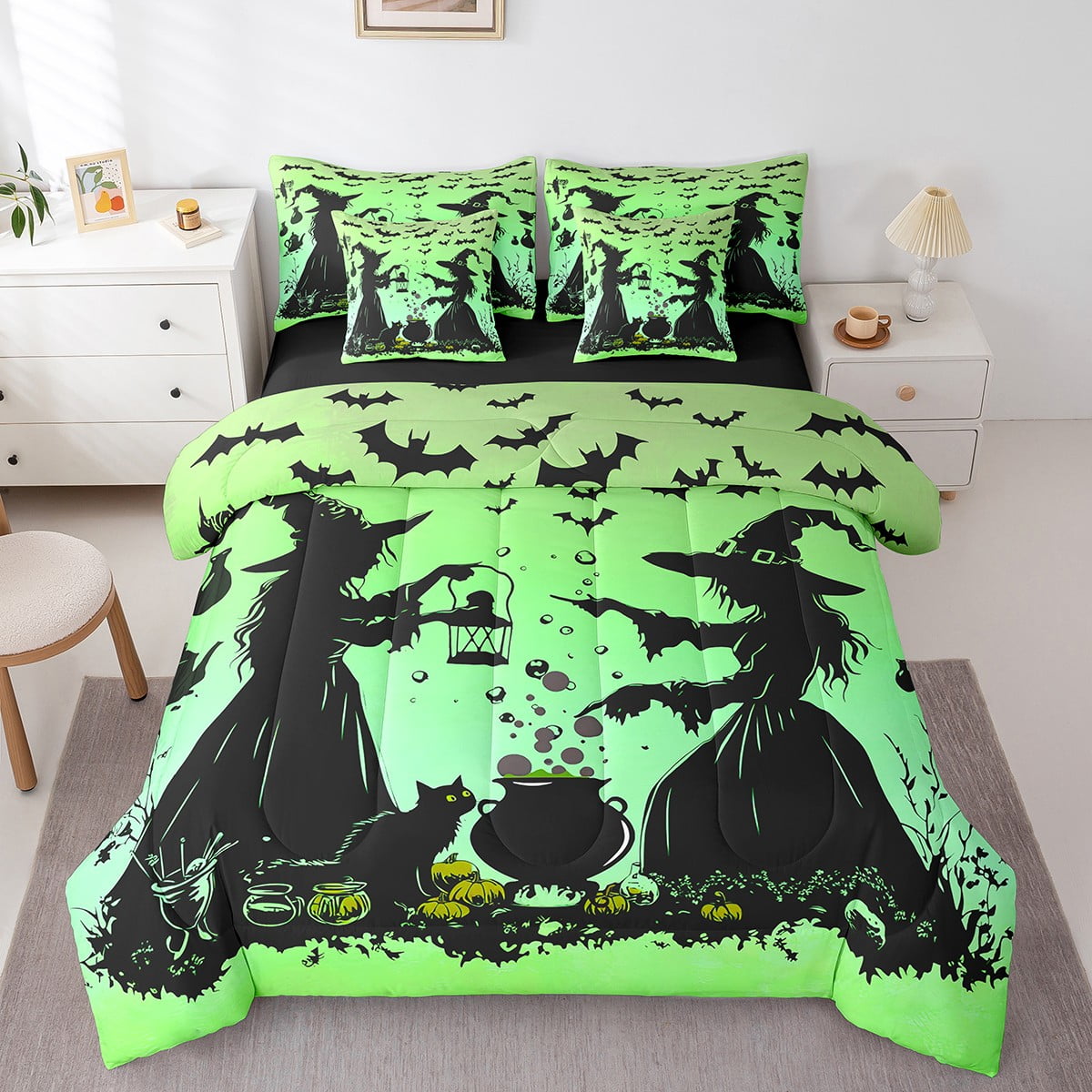 7Pcs Halloween Bed In A Bag Twin Cute Kawaii Witch Bed Set Spooky ...