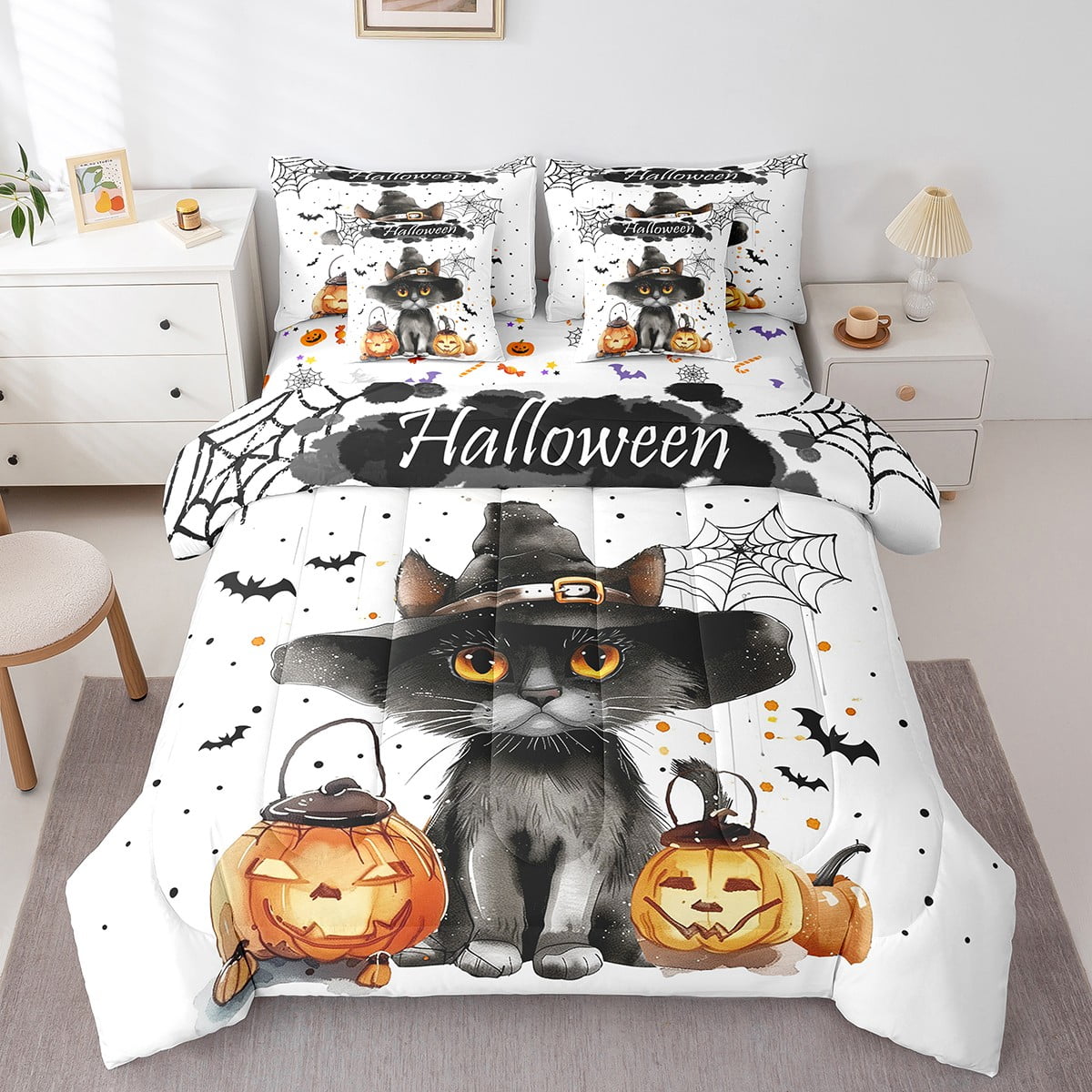 7Pcs Halloween Bedding Set ,Twin Size Comforter Set with Sheets and ...