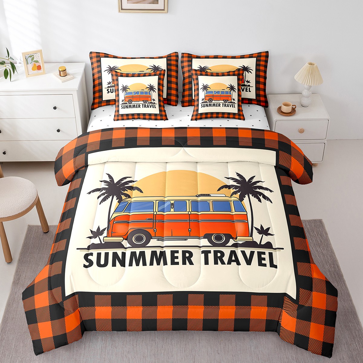 7Pcs Happy Summer Travel Bedding Sets Orange Black Buffalo Plaid ...