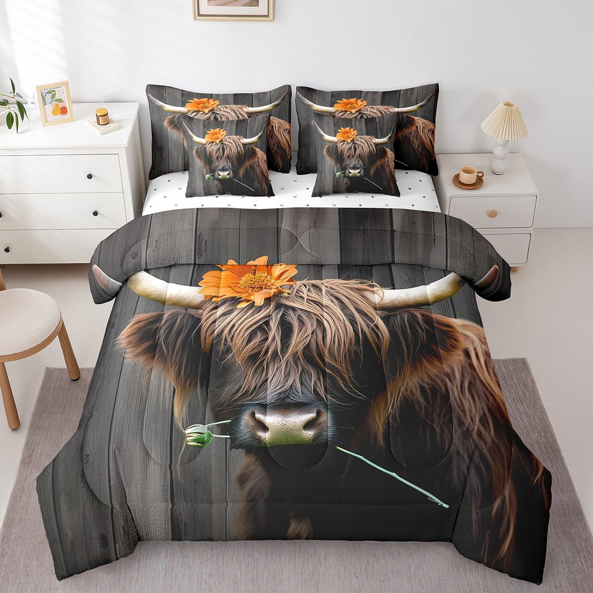 7Pcs Highland Cow Comforter Sets Queen Size, Rustic Farmhouse Wooden Decor Comforter Set Bed in ...