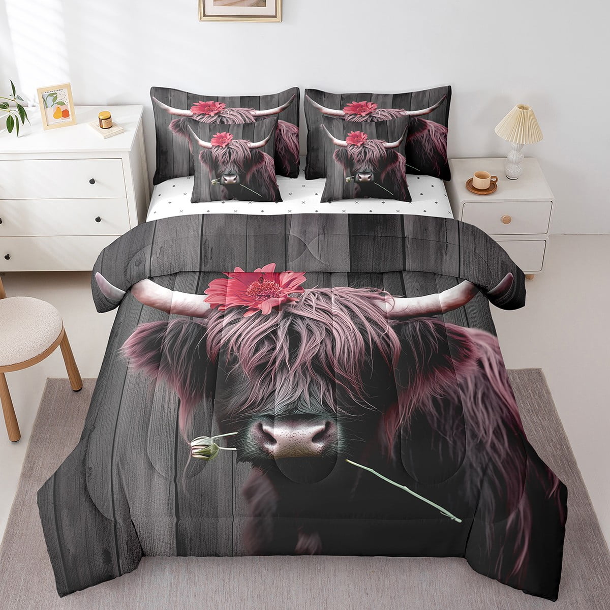 7Pcs Highland Cow Comforter Sets Twin Size, Pink Floral Cow Wooden ...