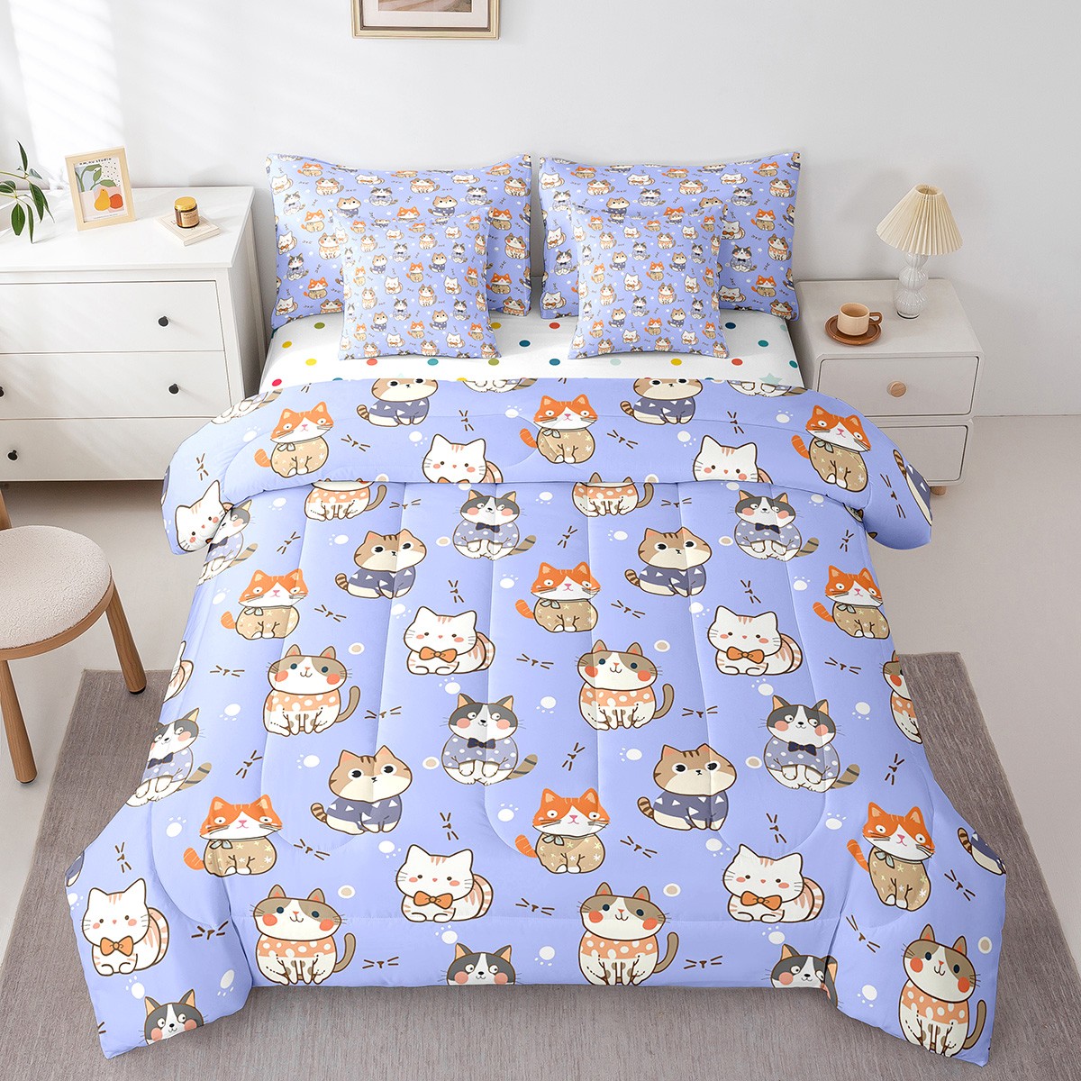 7Pcs Kawaii Cat Bedding Twin Size Cute Kitten Pet Comforter Set, Light ...