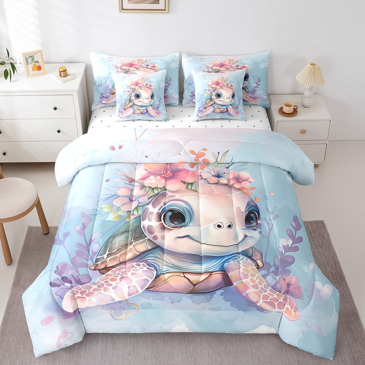 7Pcs Kawaii Sea Turtle Comforter Set Queen Size, Underwater Ocean Theme ...
