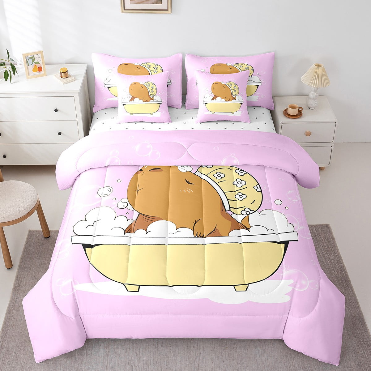 Erosebridal 7Pcs Capybara Comforter Sets Queen Size Pink Room Decor ...