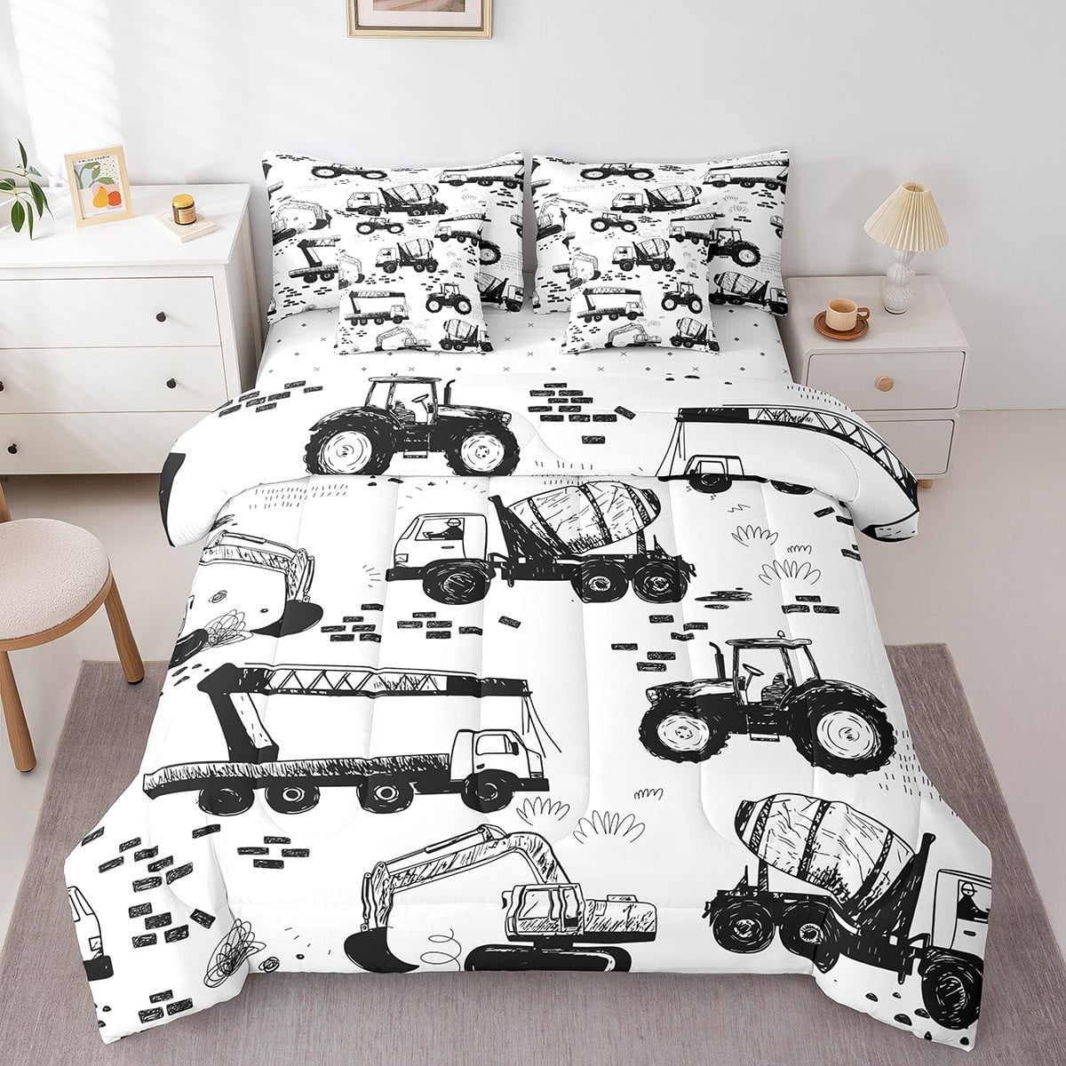 7Pcs Kids Cartoon Excavator Bedding Sets,Kawaii Tractor Equipment ...