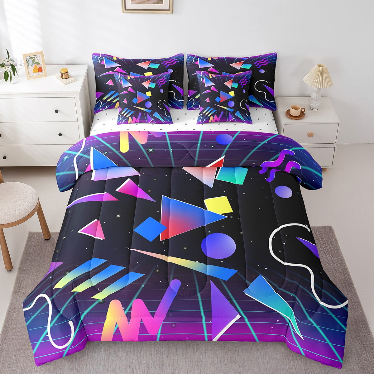 YST 7Pcs Memphis Pattern Comforter Set Bed-In-A-Bag Queen Size for Boys ...