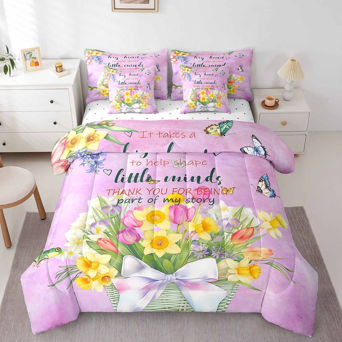 YST 7Pcs Pink Flower Comforter Set Colorful Flowers Bedding Set Bed In ...
