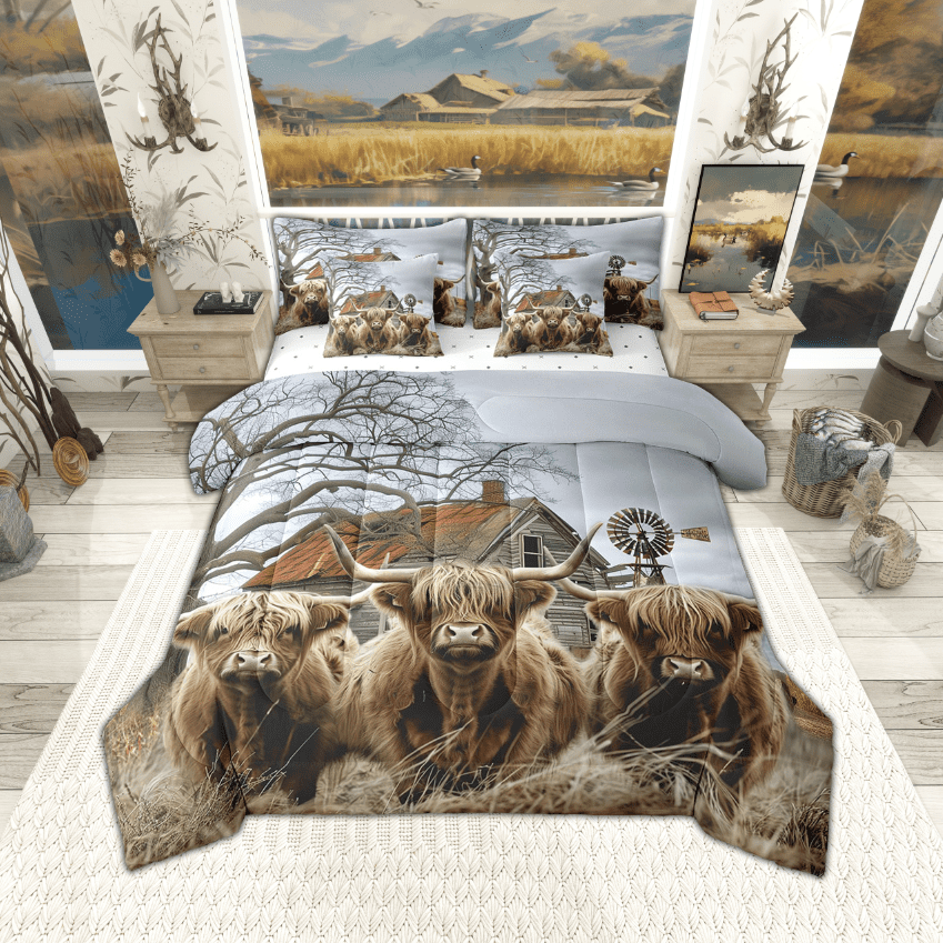 7Pcs Queen Size Highland Cow Comforter Sets with Sheets Rustic Farmhouse Decor Comforter Set Bed ...