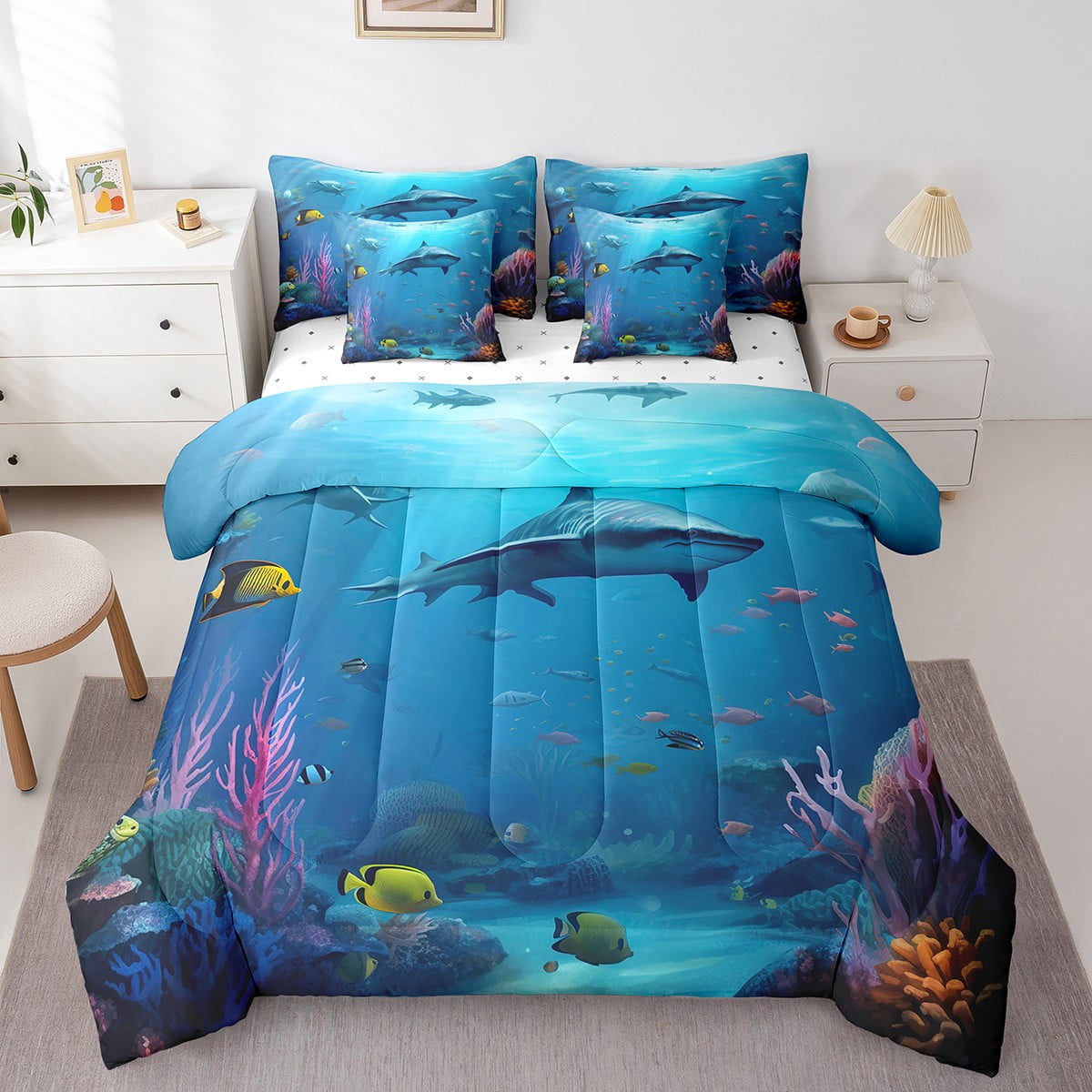 7Pcs Sea Animal Comforter Sets King Size, Underwater Ocean World Shark ...