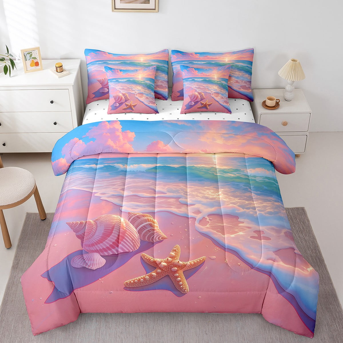 YST 7Pcs Starfish Shell Comforter Set Summer Ocean Beach Landscape ...