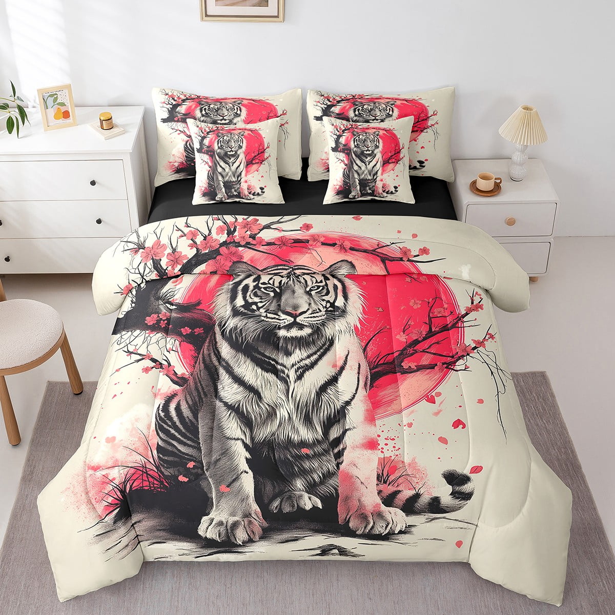 7Pcs Tiger Bedding Set Full Size, Japanese Style Comforter Set, Cherry ...