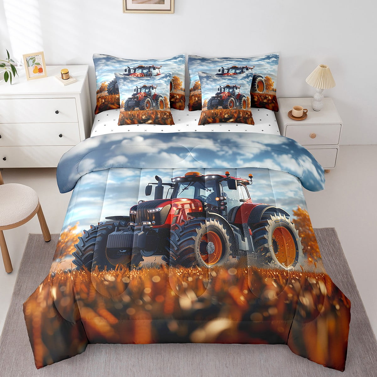 Erosebridal 7Pcs Tractor Bedding Twin Red Farm Tractor Comforter Set ...