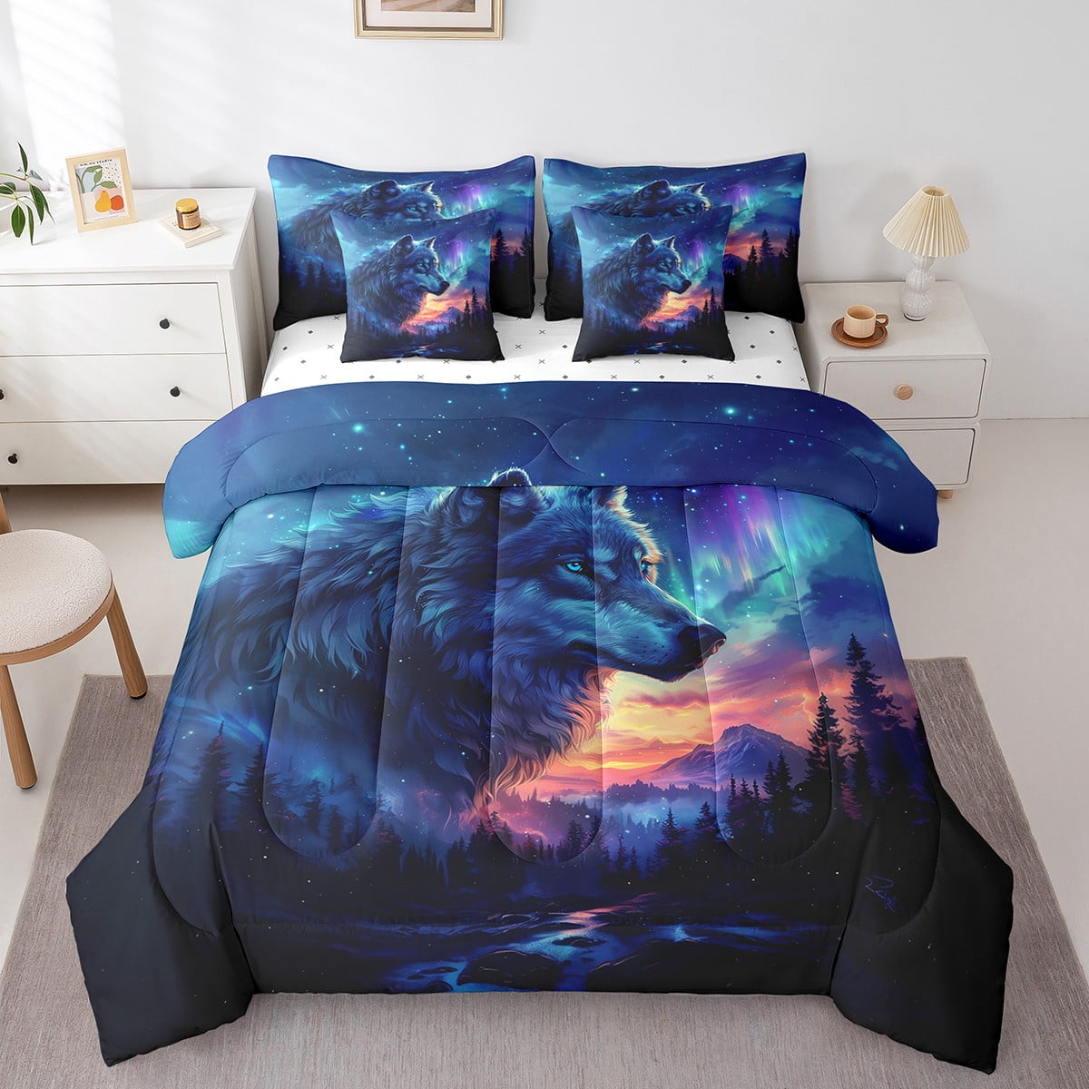 7Pcs Wolf Comforter 3D Animal Wolf Print Bedding Queen Size Galaxy ...
