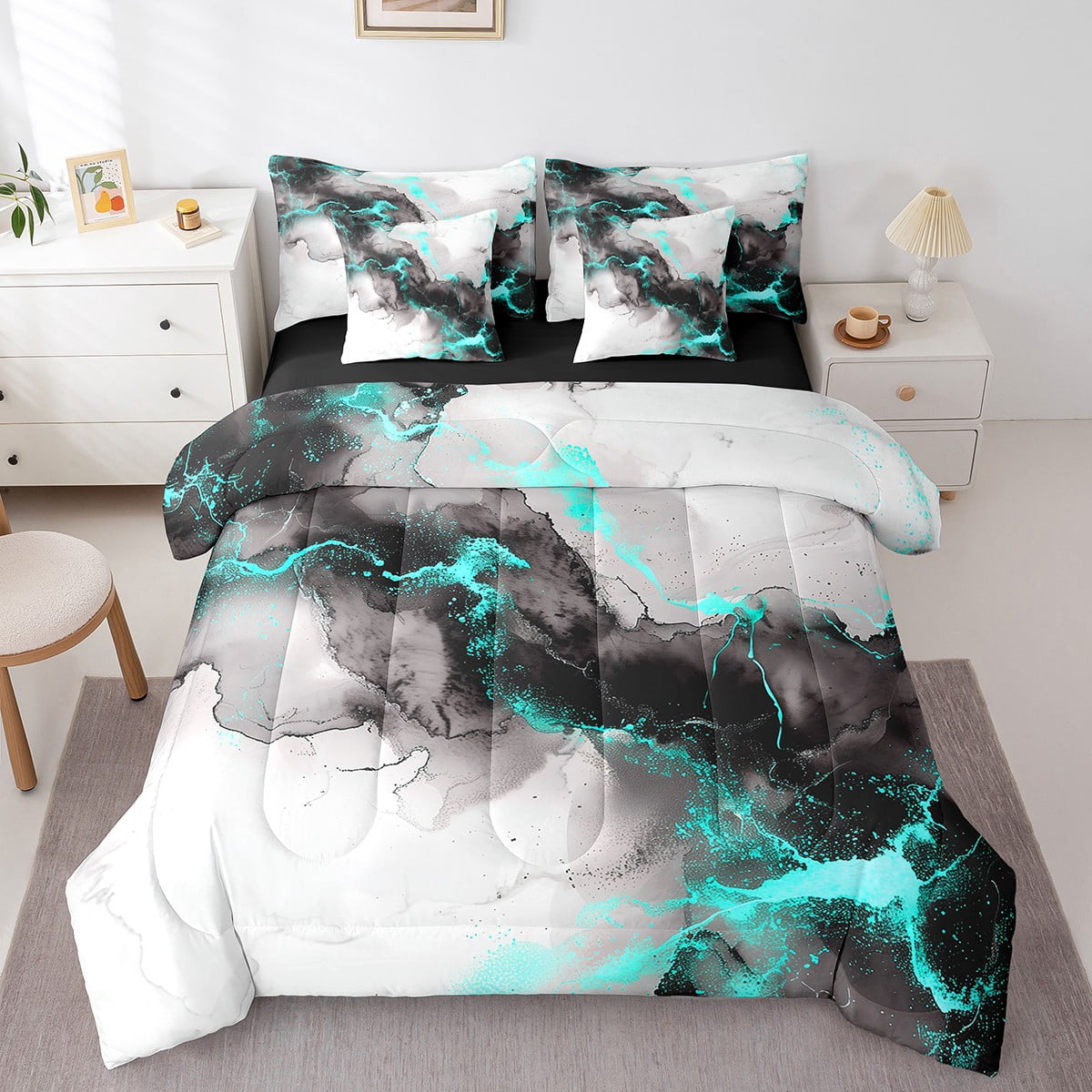 Erosebridal 7pcs Black and Grey Teal Bedding Queen Size Marble ...