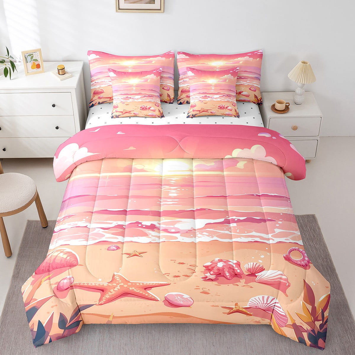 YST 7pcs Girls Pink Queen Comforter Set Coastal Beach Sunset Bedding Comforter Sets, Watercolor ...