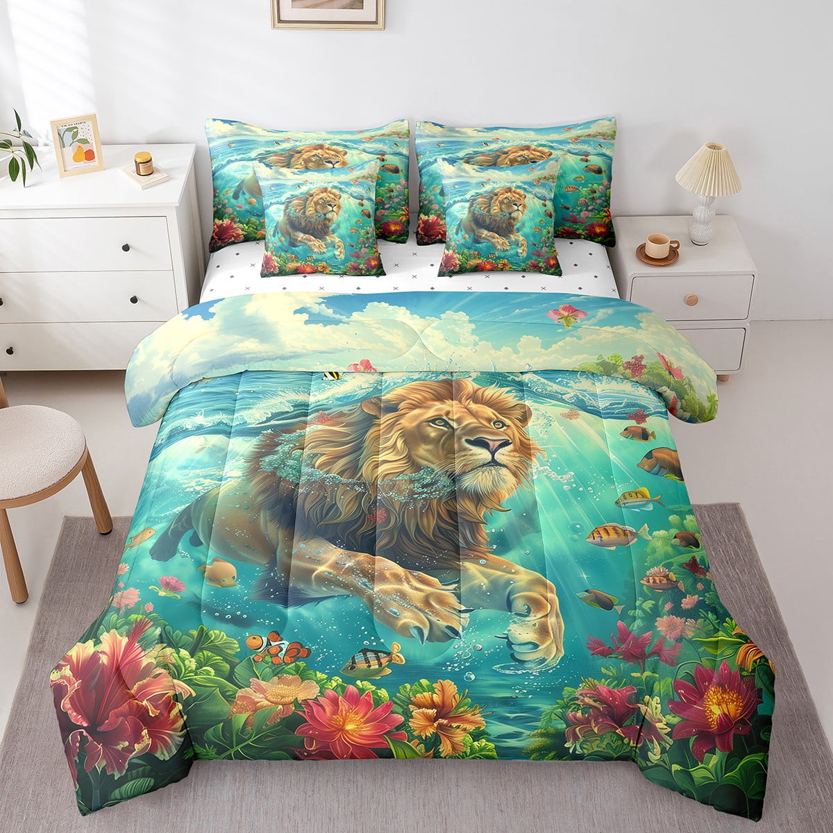 YST 7pcs Safari Lion Twin Comforter Set for Kids Boys Girls Ocean Theme ...
