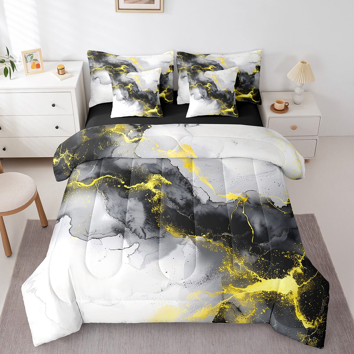 YST 7pcs Yellow Black Marble Bedding King Size Watercolor Marbling ...